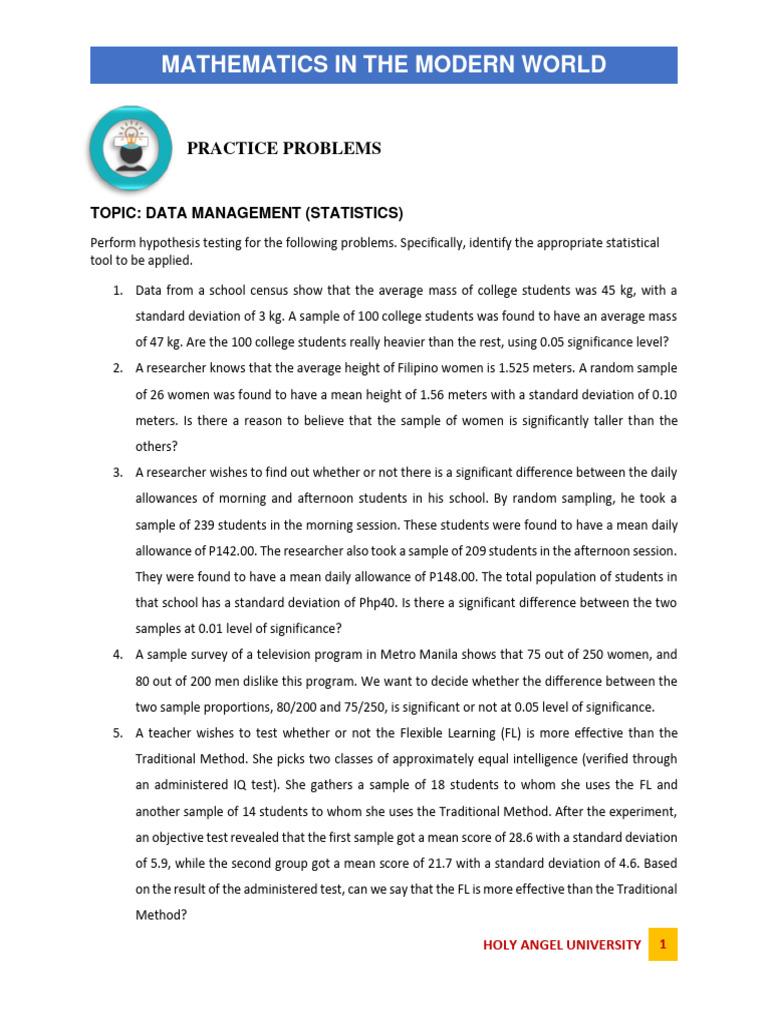 Mathmworld Module 2 Practice Hypothesis Testing Pdf Sampling 4487
