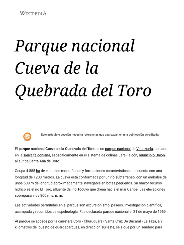 Parque nacional Cueva de la Quebrada del Toro - Wikipedia, la en | PDF