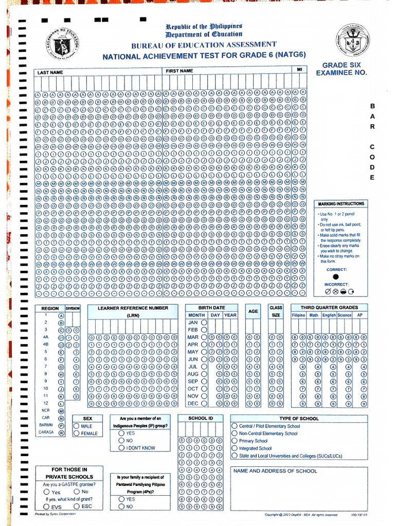 NAT6 Sample Answer Sheet | PDF
