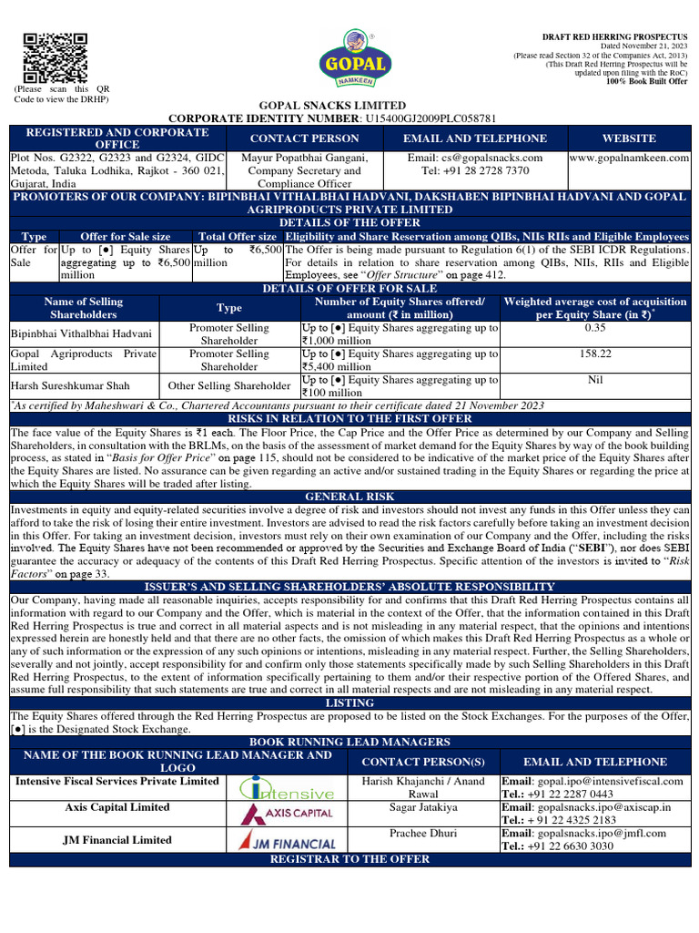 Gopal Snacks IPO Draft Prospectus | PDF | Stocks | Investing