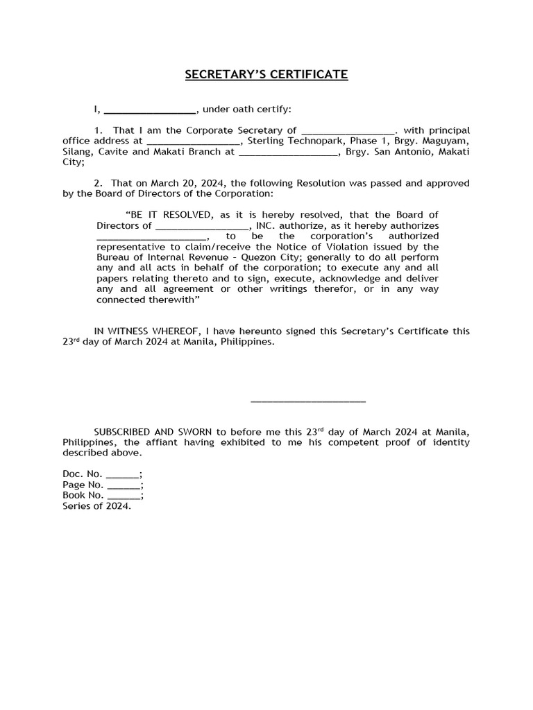 Secretary's Certificate For BIR | PDF Secretary's Certificate For BIR | PDF