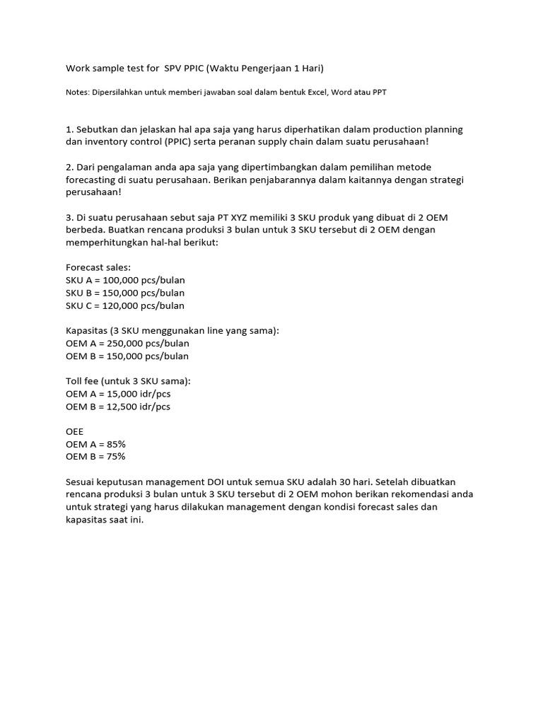 Work Sample Test For SPV PPIC | PDF