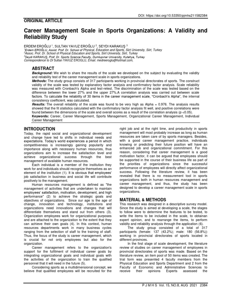 Career Management Scale in Sports Organizations: A Validity and ...