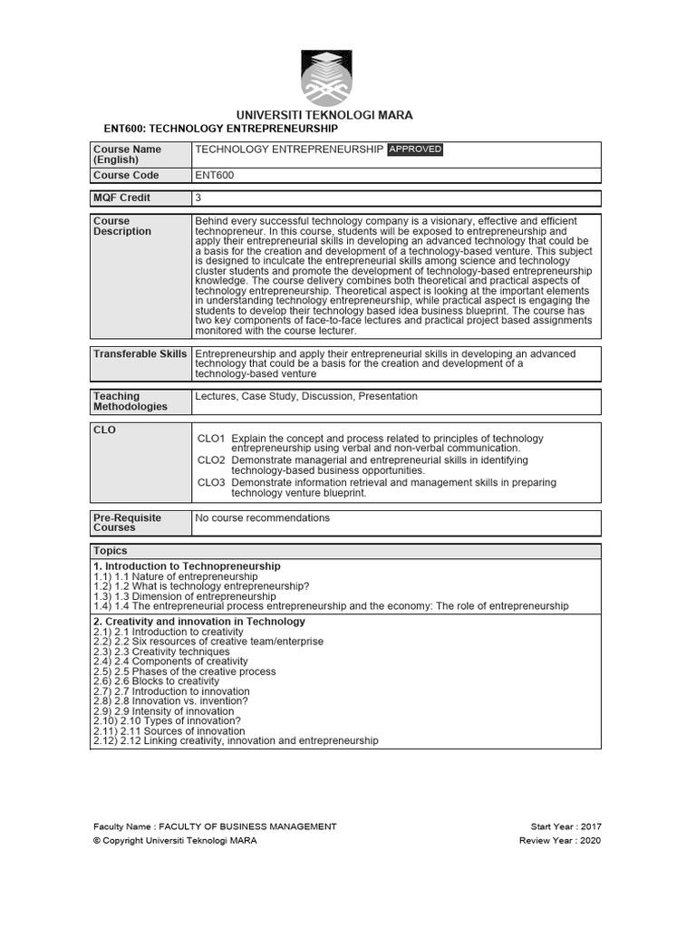 Course TECHNOLOGY ENTREPRENEURSHIP | PDF | Entrepreneurship ...