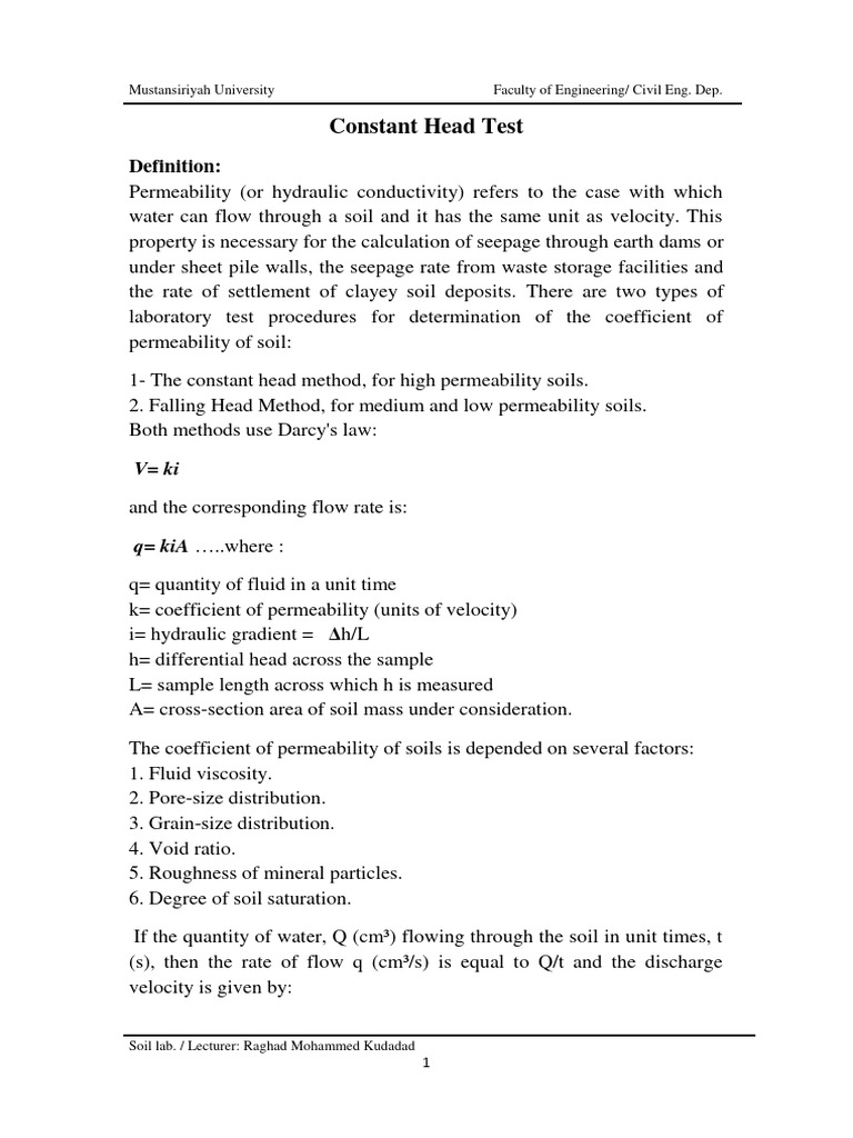 Constant Head Test: Definition | PDF | Permeability (Earth Sciences ...