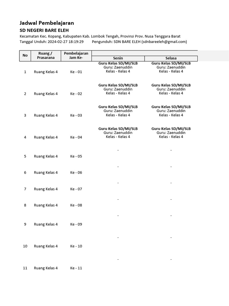 Jadwal Pembelajaran SDN Bare Eleh | PDF