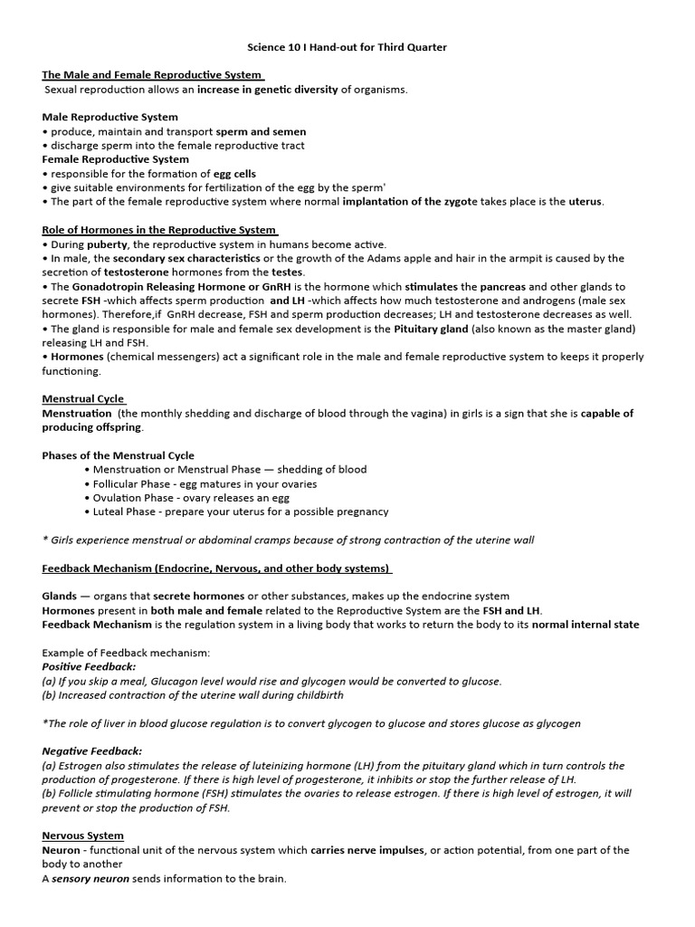 Science 10 I Hand Out Notes | PDF | Menstrual Cycle | Luteinizing Hormone