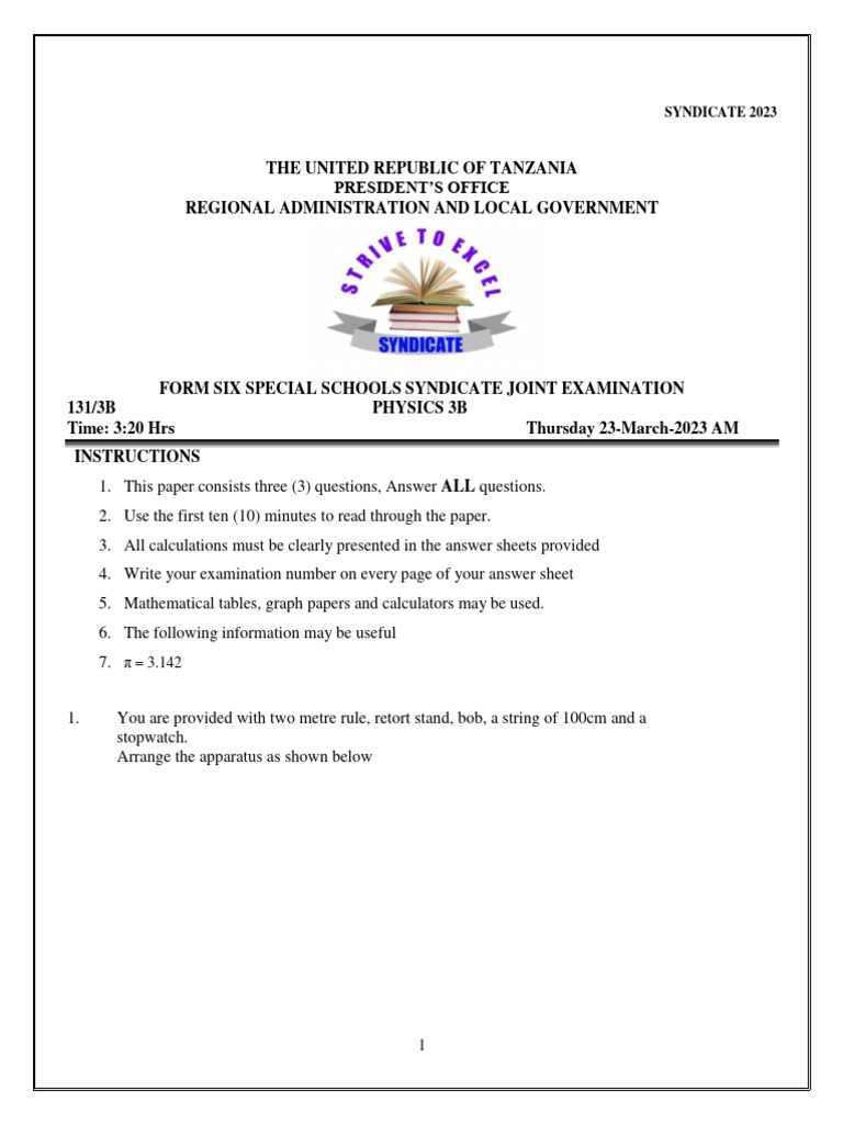 Physics 3B - Special Schools Syndicate Joint Examination F6 2023 | PDF ...