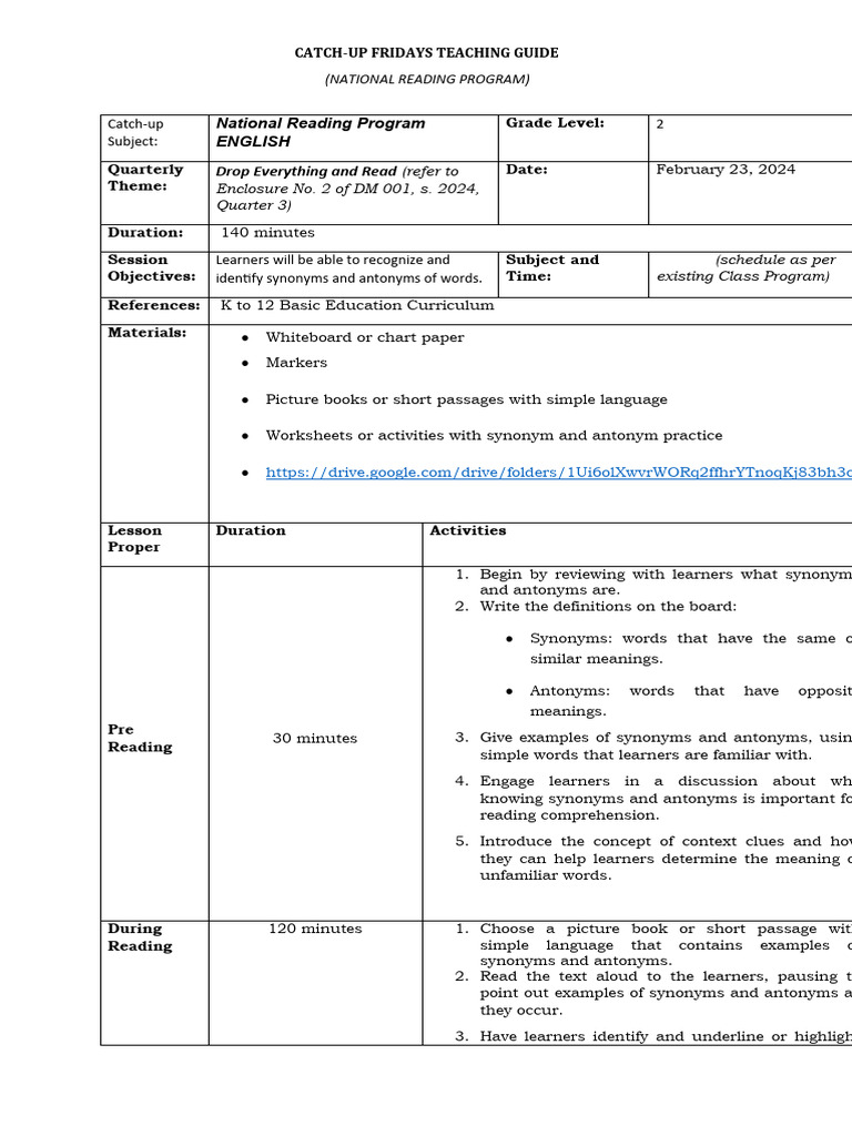 Grade 2 NRP Catch-Up Teaching Guide | PDF | Learning | Pedagogy