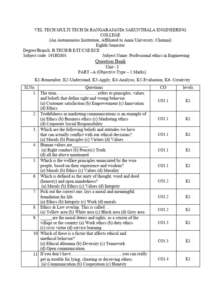 Pee - U1, U2 - QB | PDF | Integrity | Autonomy
