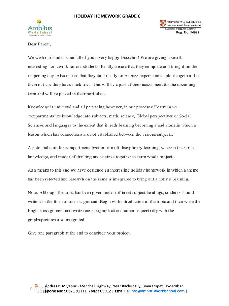 Holiday Homework G6 | PDF