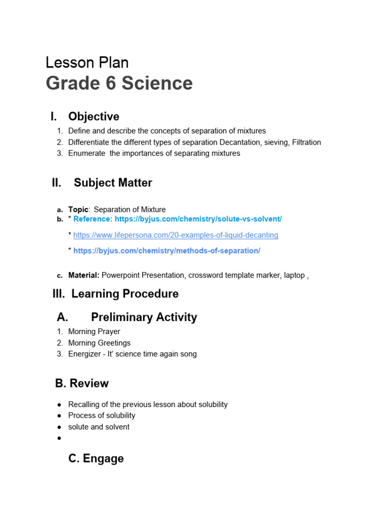 Grade 6 Lesson Plan: Separating Mixtures | PDF | Filtration | Mixture