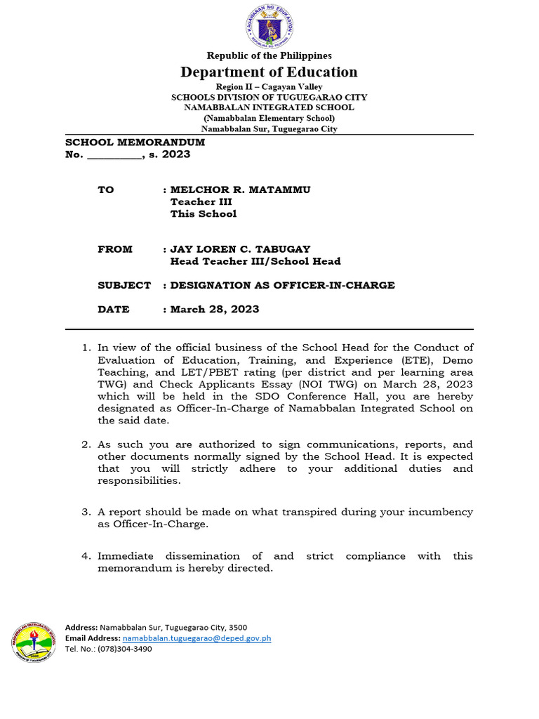 Oic Designation | PDF | Philippines
