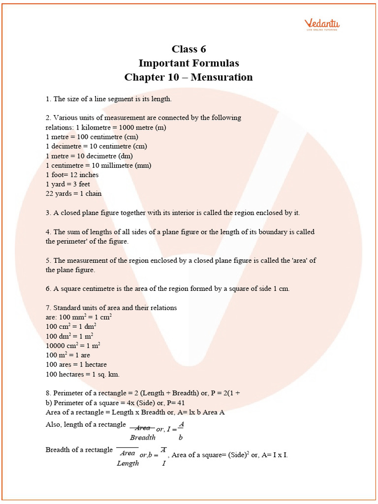 Cbse Class 6 Maths Chapter 10 Mensuration Formulas Pdf
