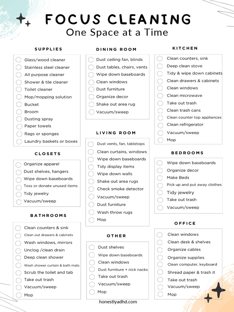 ADHD Focus Cleaning Checklist | PDF | Vacuum Cleaner | Shower