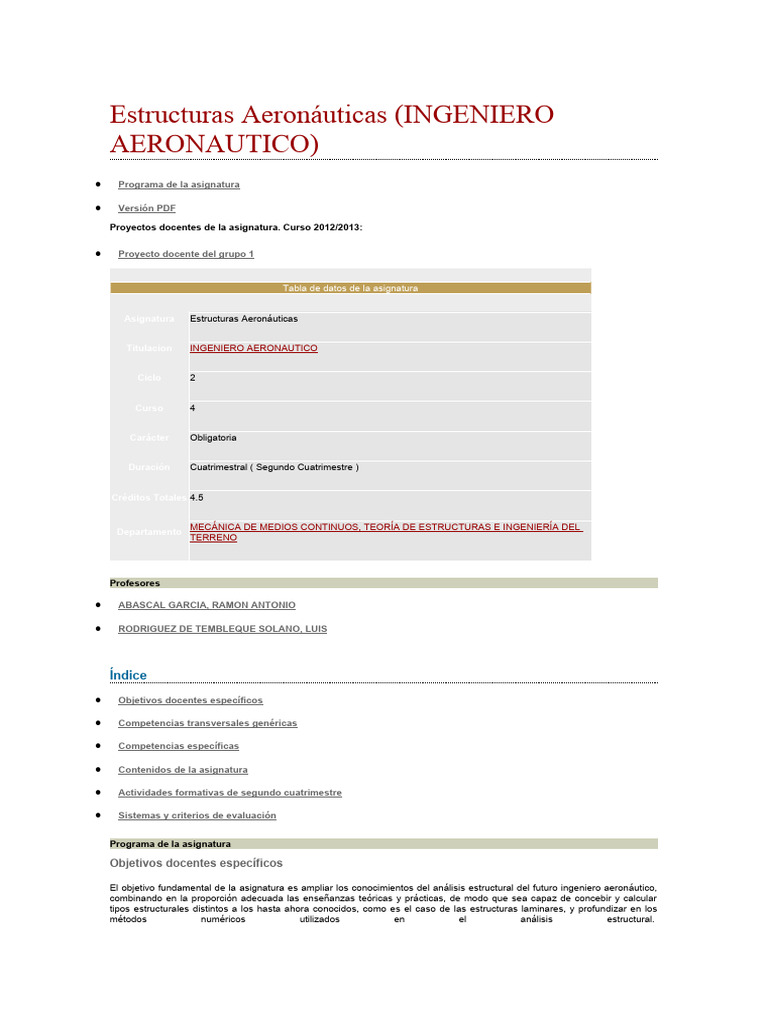 Estructuras Aeronáuticas_Programa | PDF | Evaluación | Aprendizaje