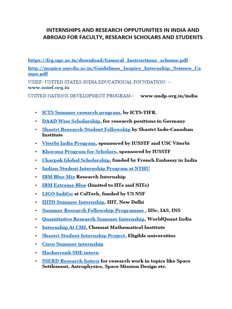 Internships, Research in India and Abroad | PDF | Science