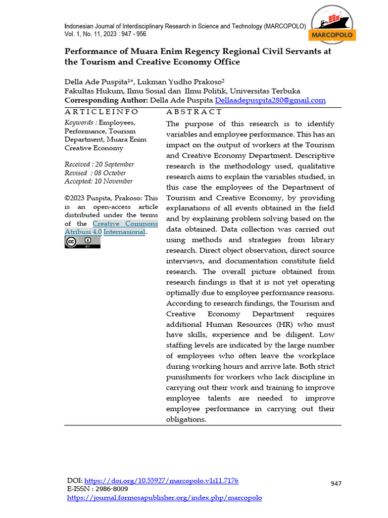 Performance of Muara Enim Regency Regional Civil Servants at The ...