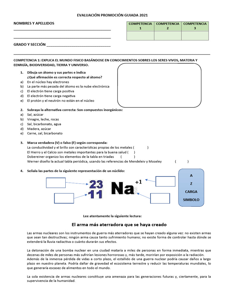 Evaluacion Prom Guiada-3º - 2021 | PDF | Núcleo atómico | Armas nucleares