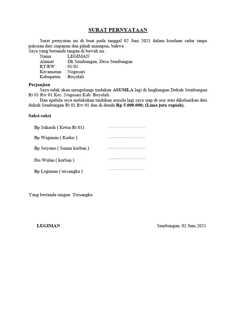 Surat Pernyataan Asusila | PDF | Hukum