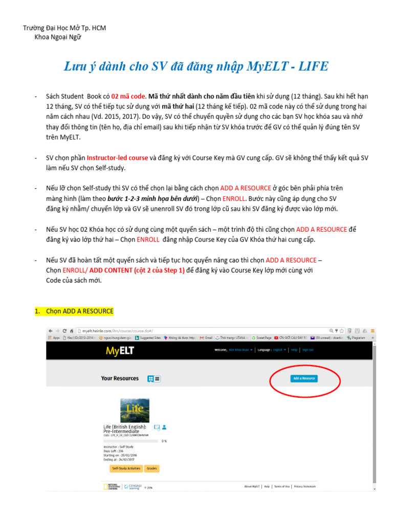 Luu y về MyELT va ADD A RESOURCE | PDF