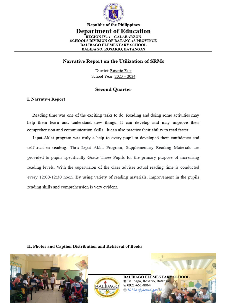 BALIBAGO ES-Accomplishment-Report-on-the-Utilization-of-SRMs-Balibago-ES-Quarter 2. 2023-2024 ...