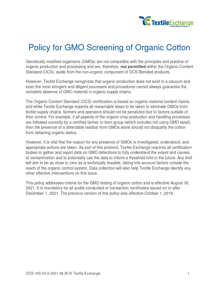 OCS 103 V2.0 Policy For GMO Screening of Organic Cotton | PDF | Genetically Modified Organism ...