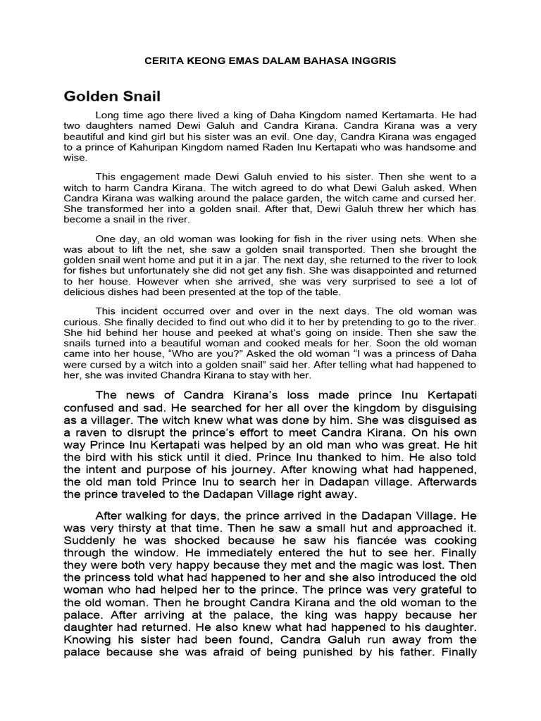 Cerita Keong Emas Dalam Bahasa Inggris | PDF | Fairy Tales | Fairies