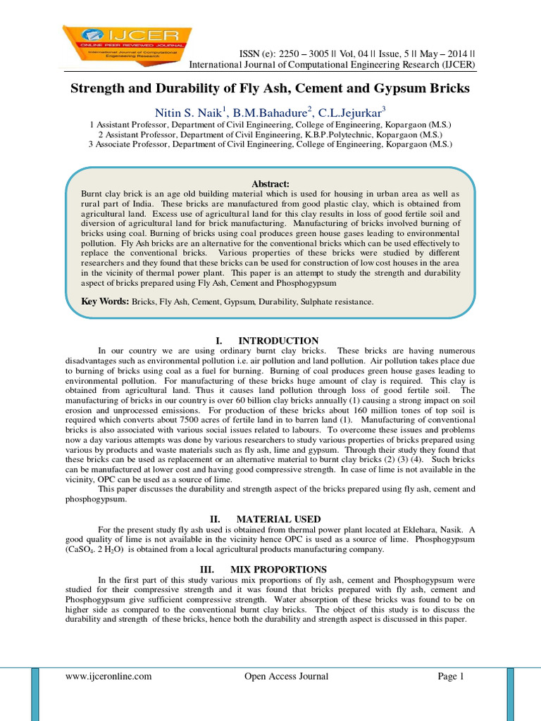 Strength and Durability of Fly Ash Bricks | PDF