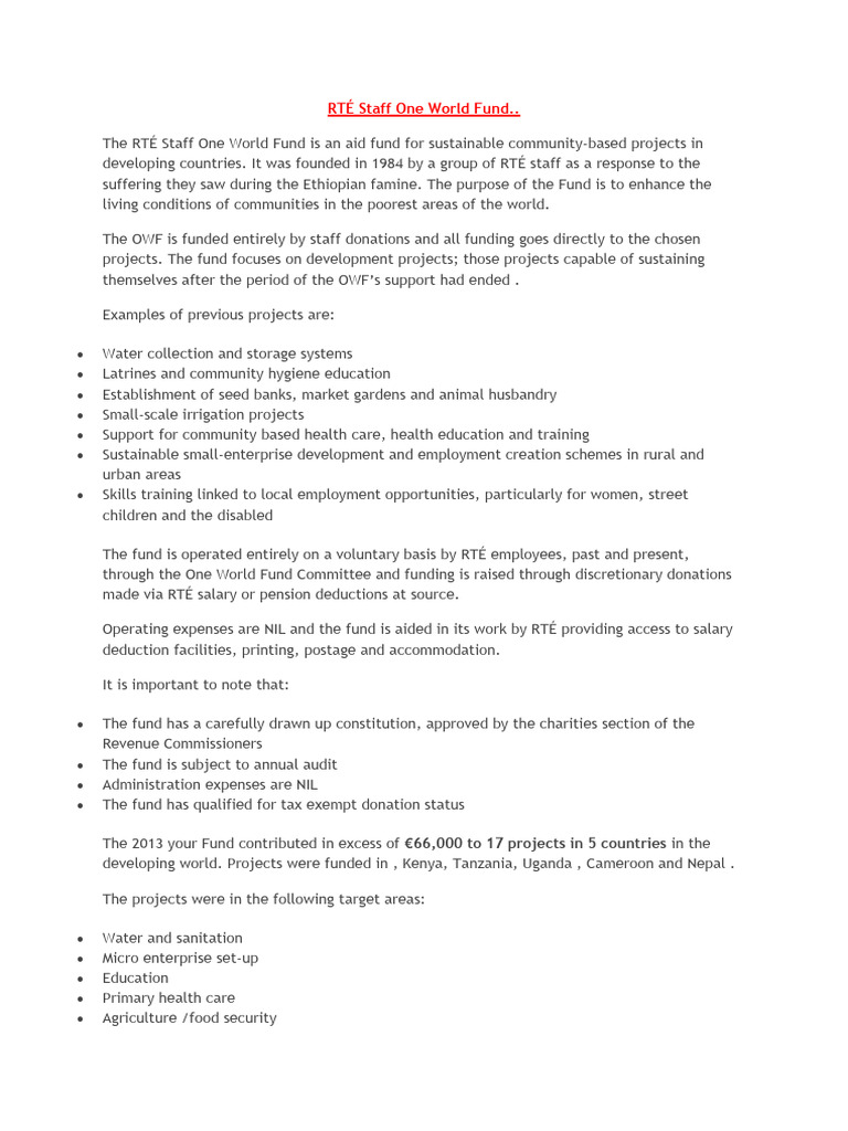 RTÉ Staff One World Fund Overview | PDF | Social Science
