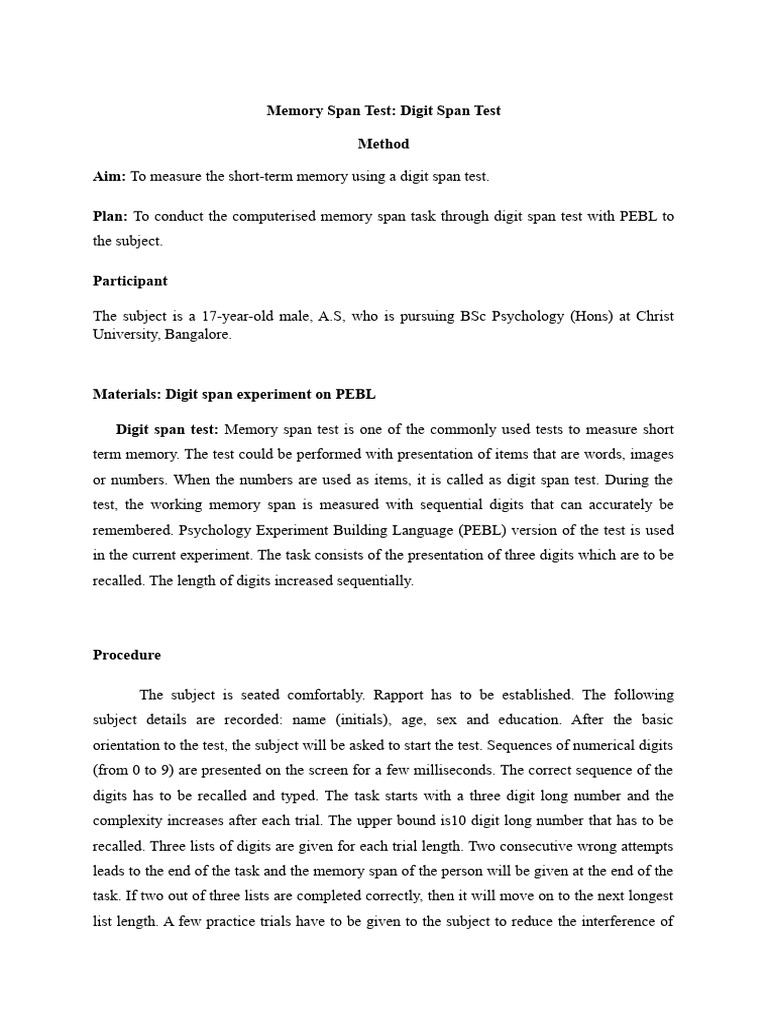 Digit Span Report | PDF | Memory | Working Memory