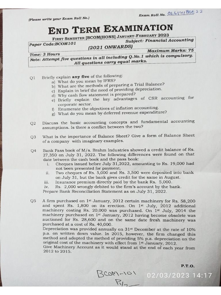 BCOM FIRST SEMESTER LAST YEAR UNIVERSITY QUESTION PAPER | PDF