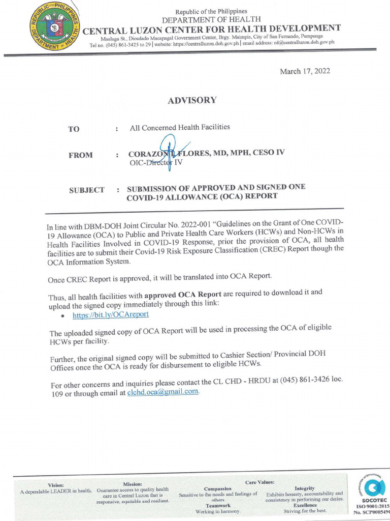 Advisory - Submission of Approved and Signed Oca Report | PDF