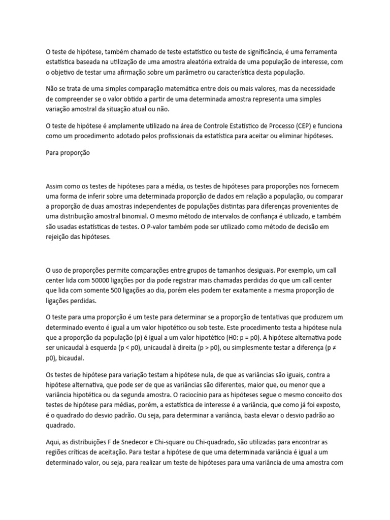 Testes de Hipóteses: Proporções e Variações | PDF | Teste de hipótese ...