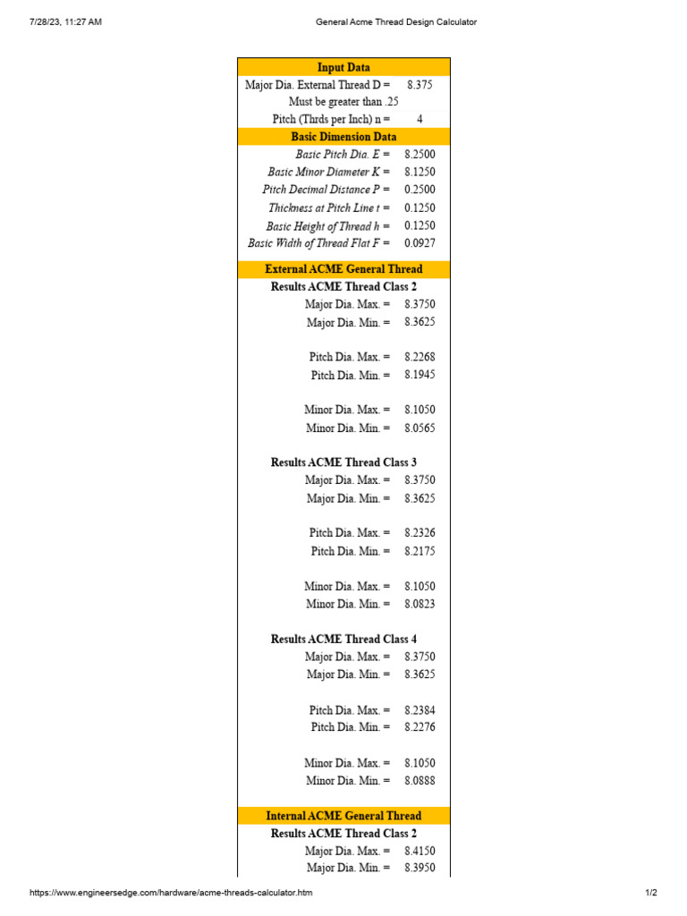 ACME General Purpose Thread Design Calculator 8.375 4THD ACME | PDF ...
