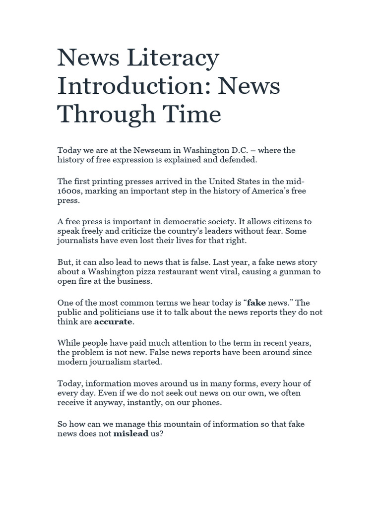 News Literacy Introduction News Through Time | PDF | News | News Media