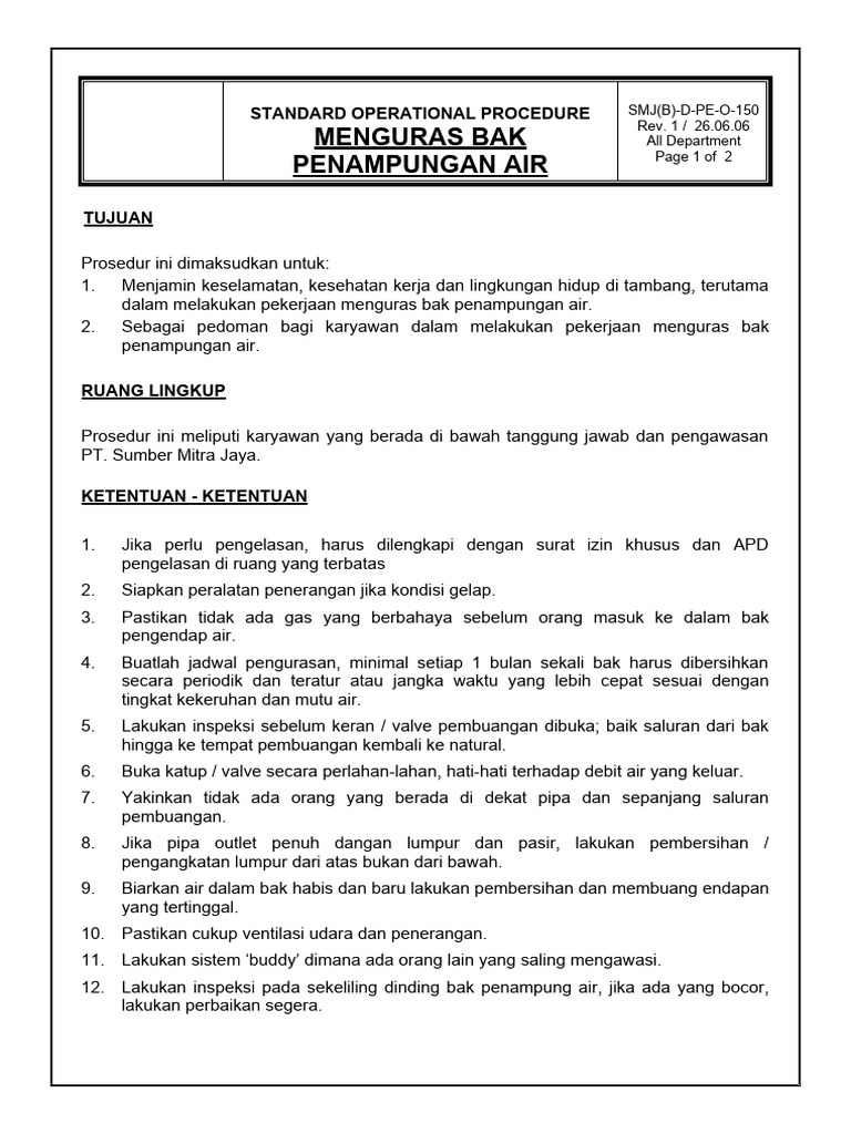 SOP - 150 Menguras Bak Penampungan Air | PDF SOP - 150 Menguras Bak Penampungan Air | PDF