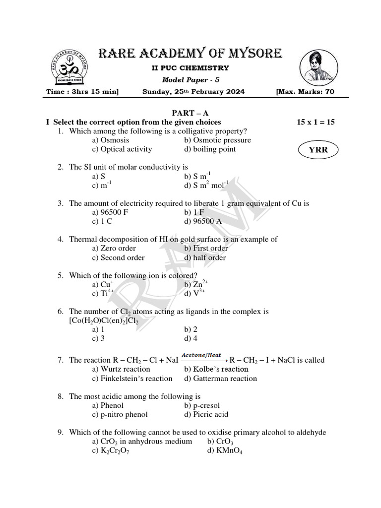 Mysore II PUC Chemistry Model Paper 5 | PDF | Ammonia | Chemical Reactions