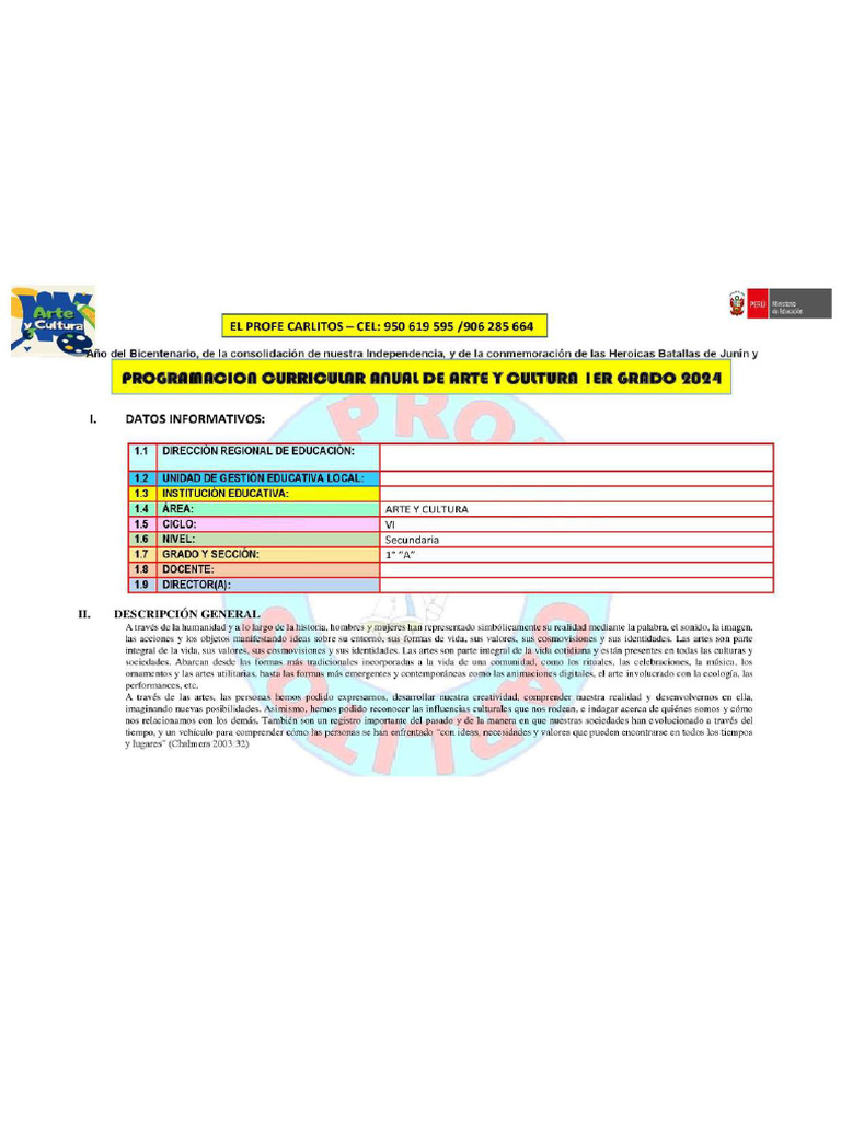 Programaciones Anuales 2024 - Arte y Cultura - 1er Grado | PDF