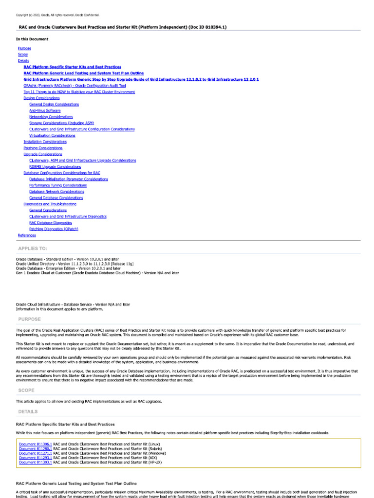 810394.1#RAC and Oracle Clusterware Best Practices and Starter Kit | PDF