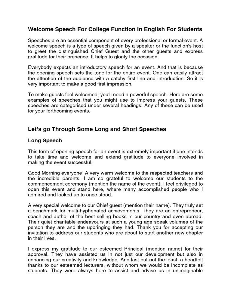 Welcome Speech For College Function in English For Students | PDF