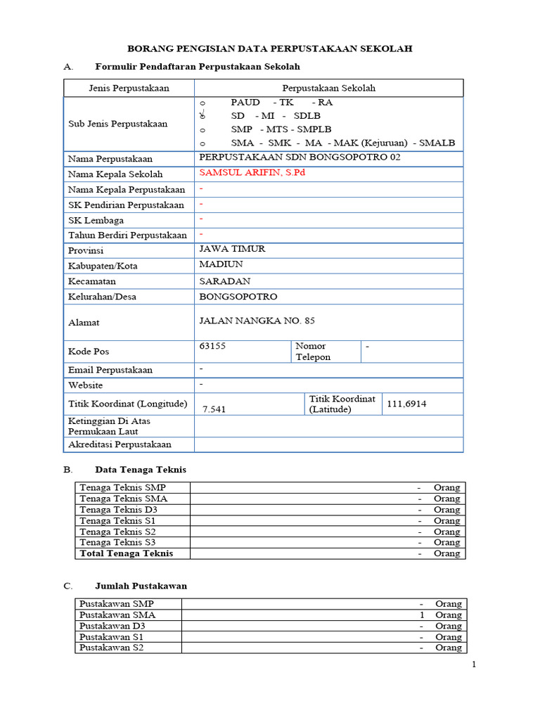 Borang Pengisian Data Perpustakaan Sekolah - SDN Bongsopotro 02 | PDF