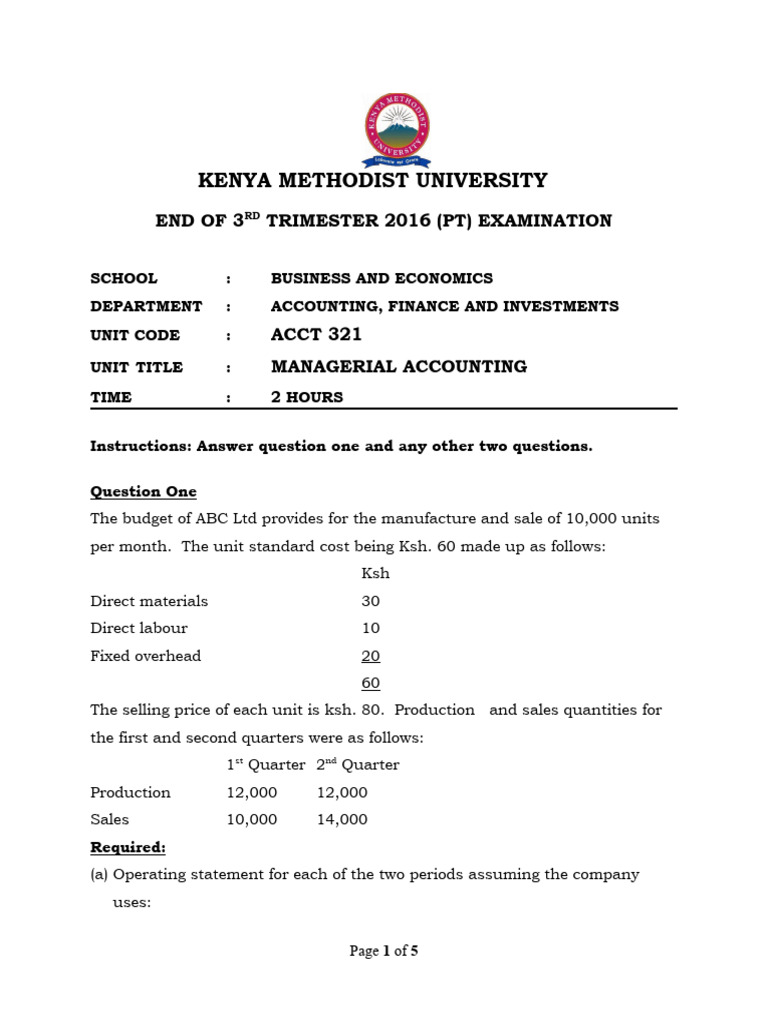 Managerial Accounting Acct 321 3rd Trimester 2016 Pdf Management
