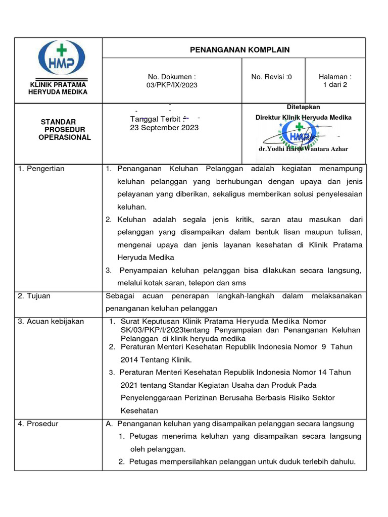 Sop Penanganan Komplain | PDF
