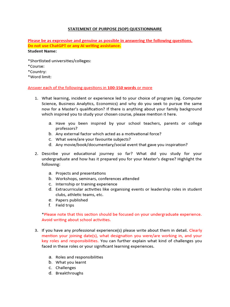 New SOP Questionnaire | PDF | University | Postgraduate Education