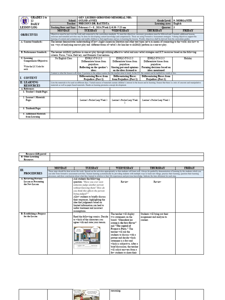 English-9-DLL-Q3-Week 1 | PDF | Learning | Teachers