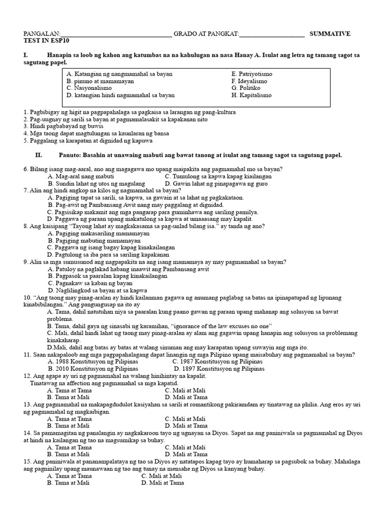 Summative-Q3 Sa Esp Grade 10 3RD Quarter | PDF