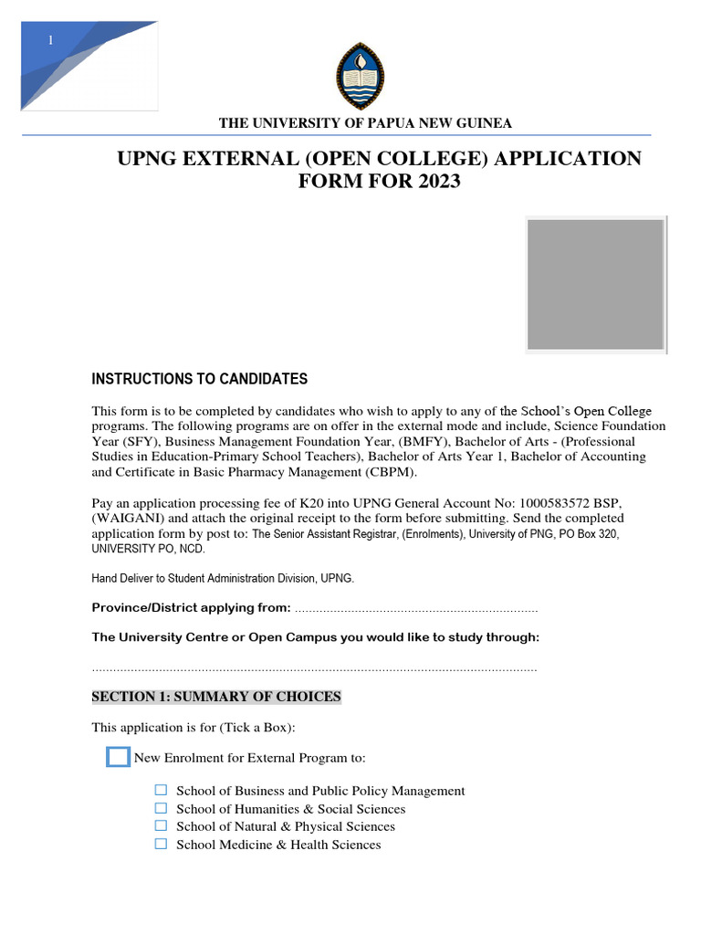 UPNG Open College Application 2023 | PDF