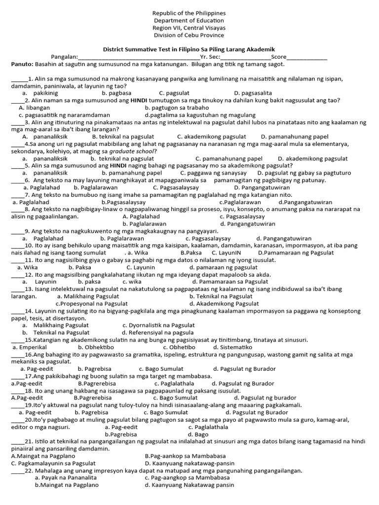 Summative Test in Filipino Piling Larang | PDF