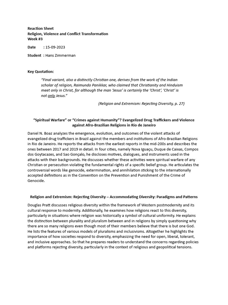 Reaction sheet, Conflict transformation | PDF